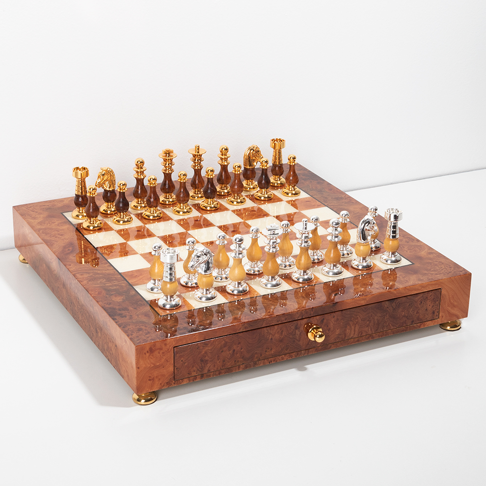Italfama - Chess Set Brass Chessmen + Elm wood Chessboard | Peter's of ...
