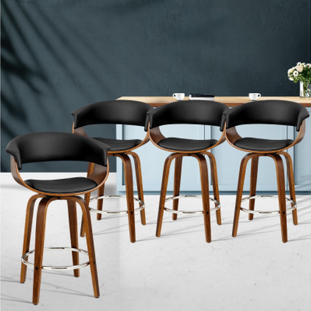 MyBar - Swivel PU Bar Stool Wood/Black Set 4pc | Peter's of Kensington