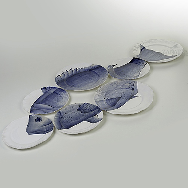Zanatta - Wall Plates Set with Blue Fish Drawing 112x58cm | Peter's of ...