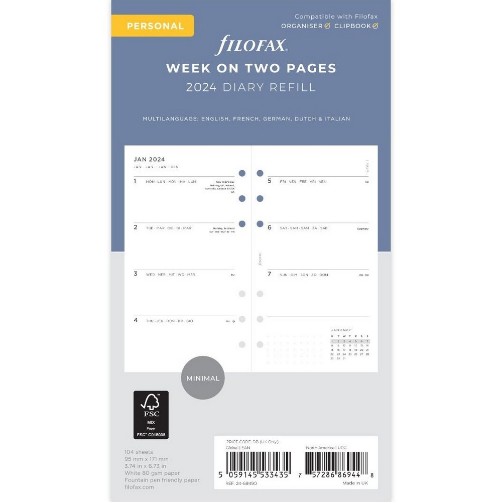Filofax - 2024 Minimal Week To View Multilanguage Personal Refill ...
